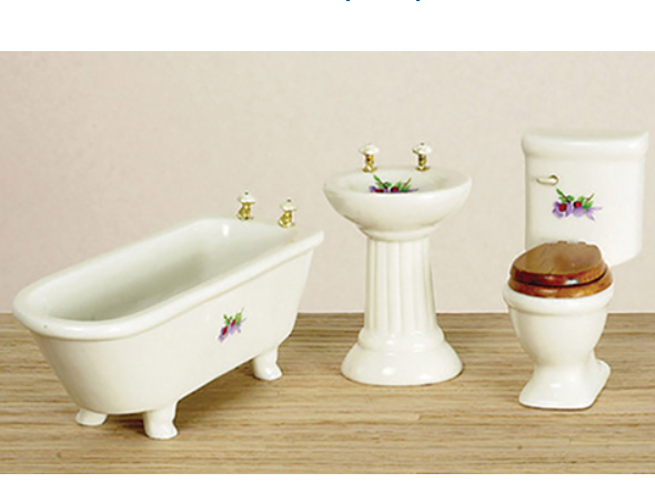 3-Piece Bathroom Set - Ceramic - Purple Floral Design - 1/12 Scale ...