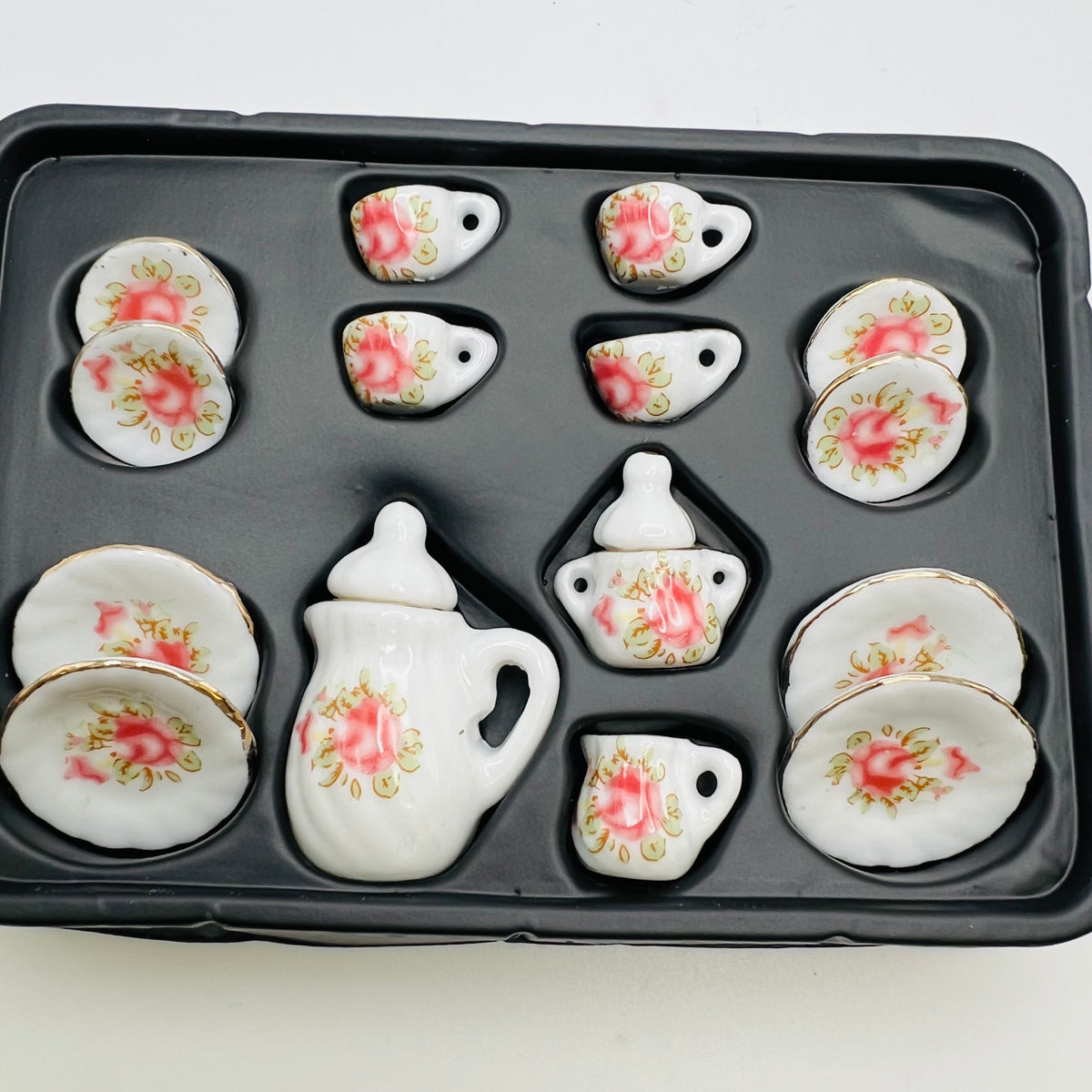 Ceramic Red Flowers Tea Set/17 Pieces - 1/12 Scale Dollhouse Miniature ...